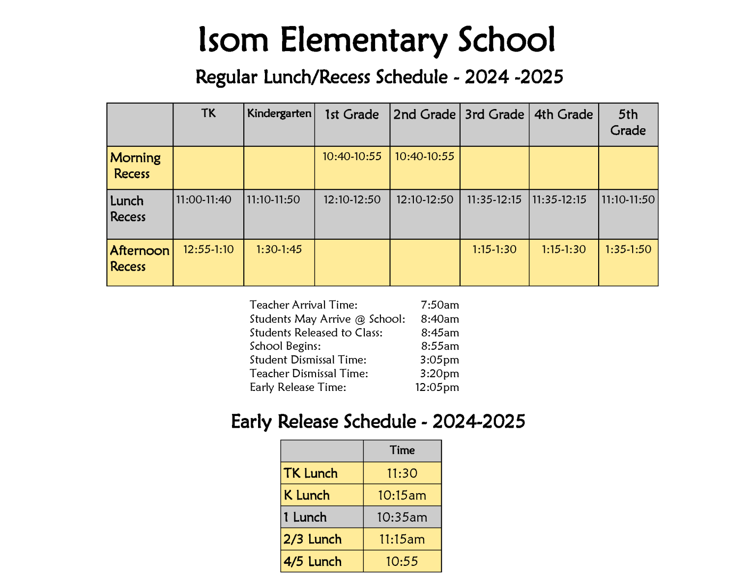 Bell Schedule – Isom Elementary