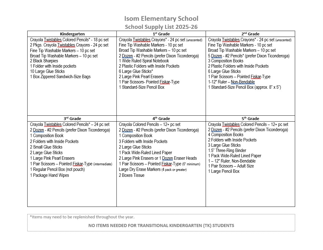 School Supply List – Isom Elementary