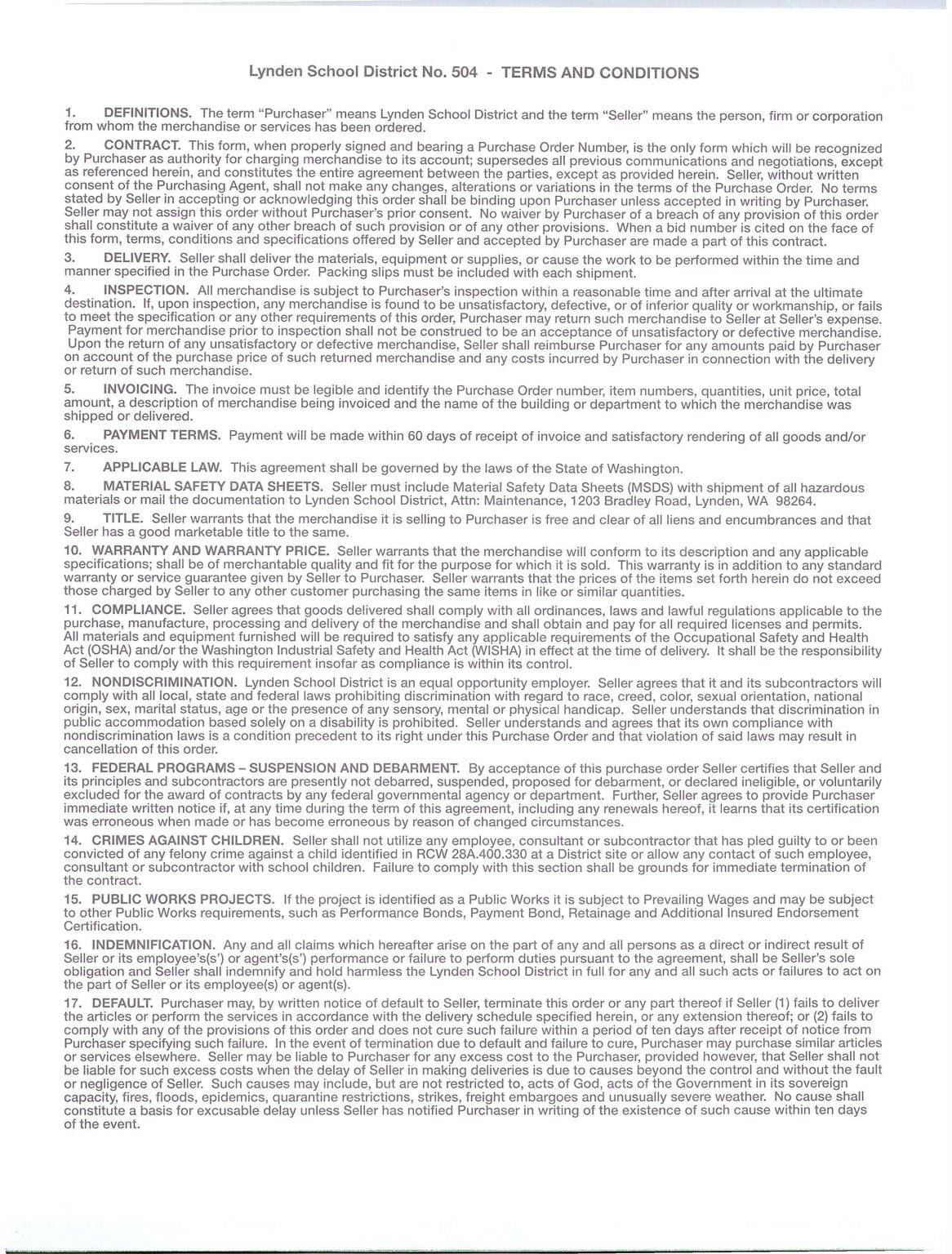 Purchase Order Terms & Conditions – Lynden School District